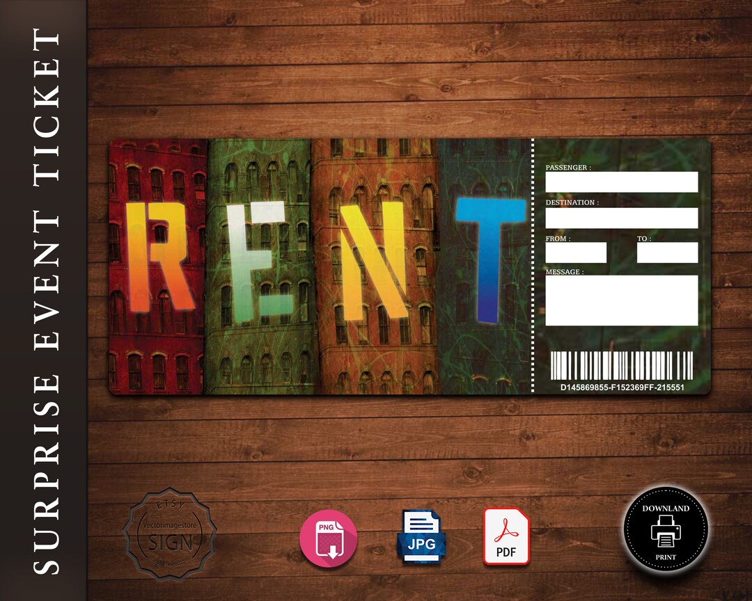 RENT Broadway Surprise Ticket. Editable Musical Theatre Faux Event ...