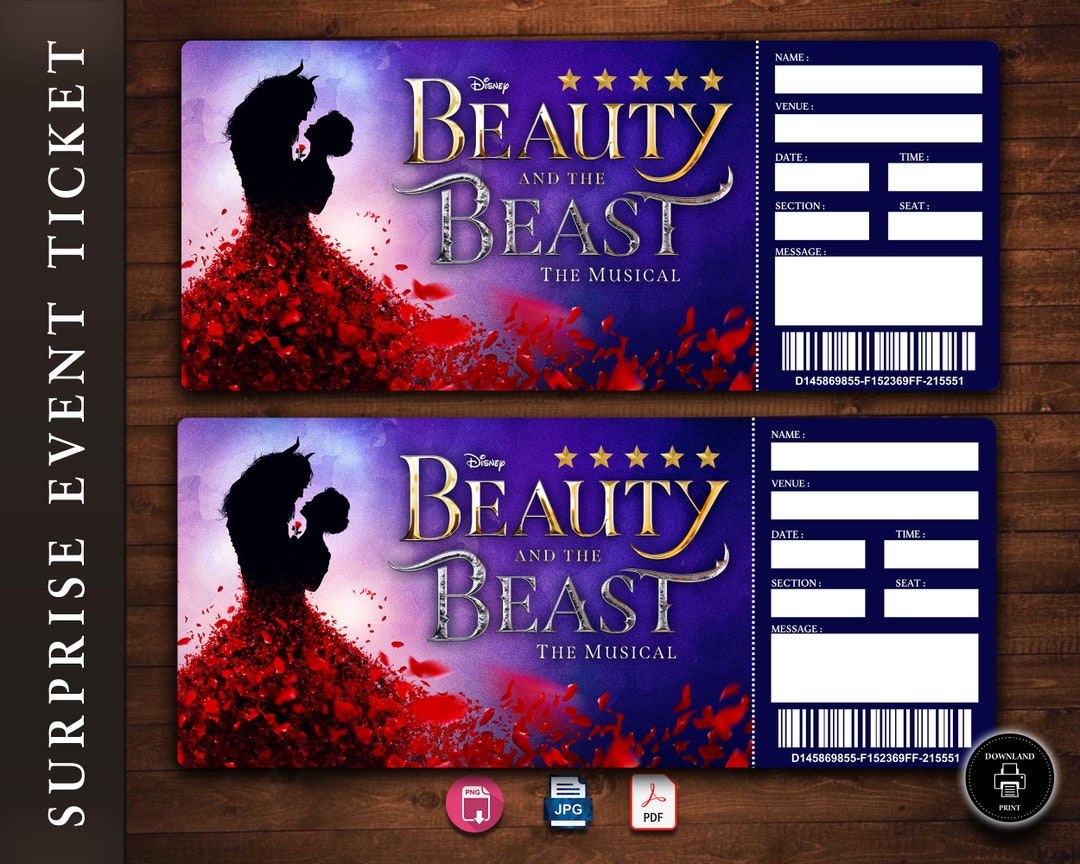 BEAUTY BEAST Broadway Surprise Ticket. Editable Musical Theatre Faux ...