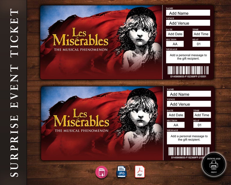 LES MISERABLES Broadway Surprise Ticket. Editable Musical - Etsy