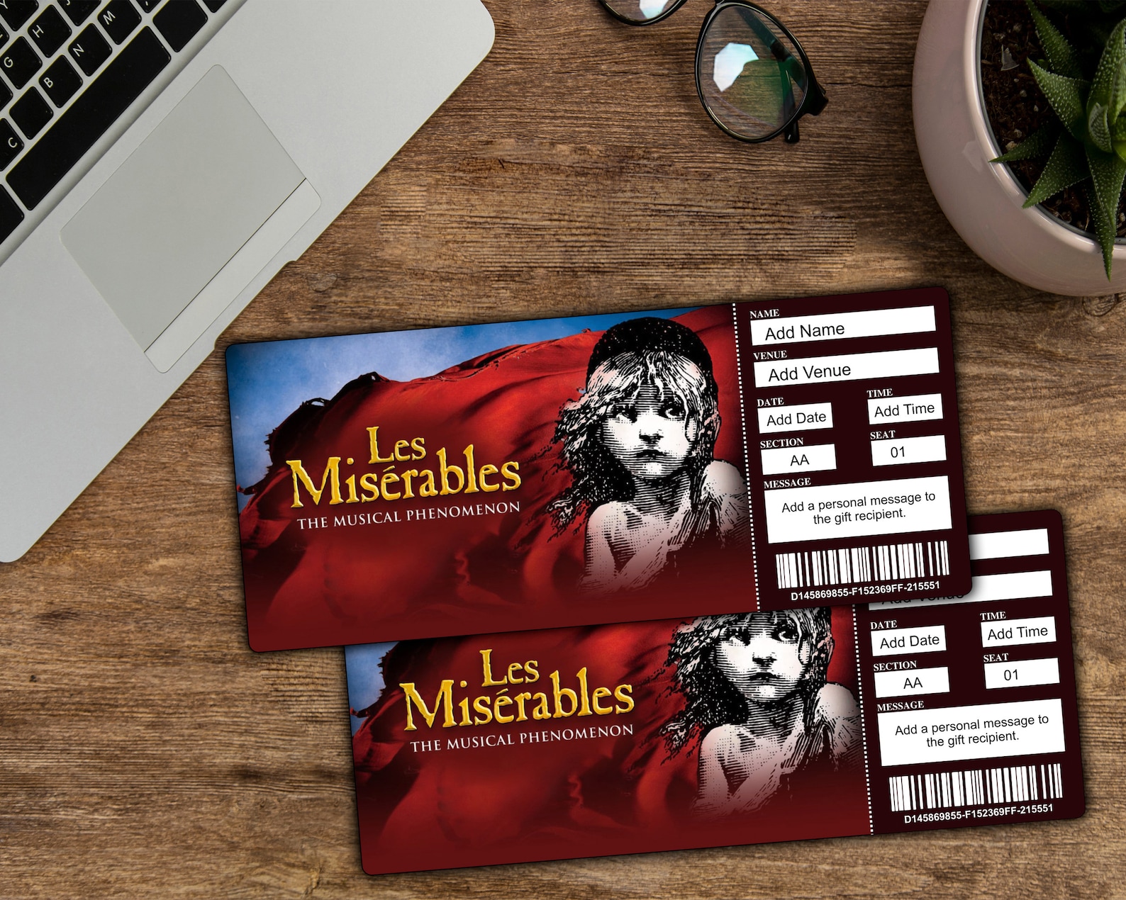 LES MISERABLES Broadway Surprise Ticket. Editable Musical Theatre Faux ...
