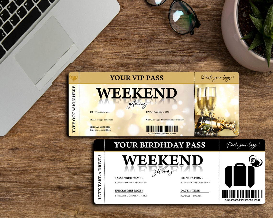Editable Weekend Getaway Ticket Template Surprise Getaway - Etsy