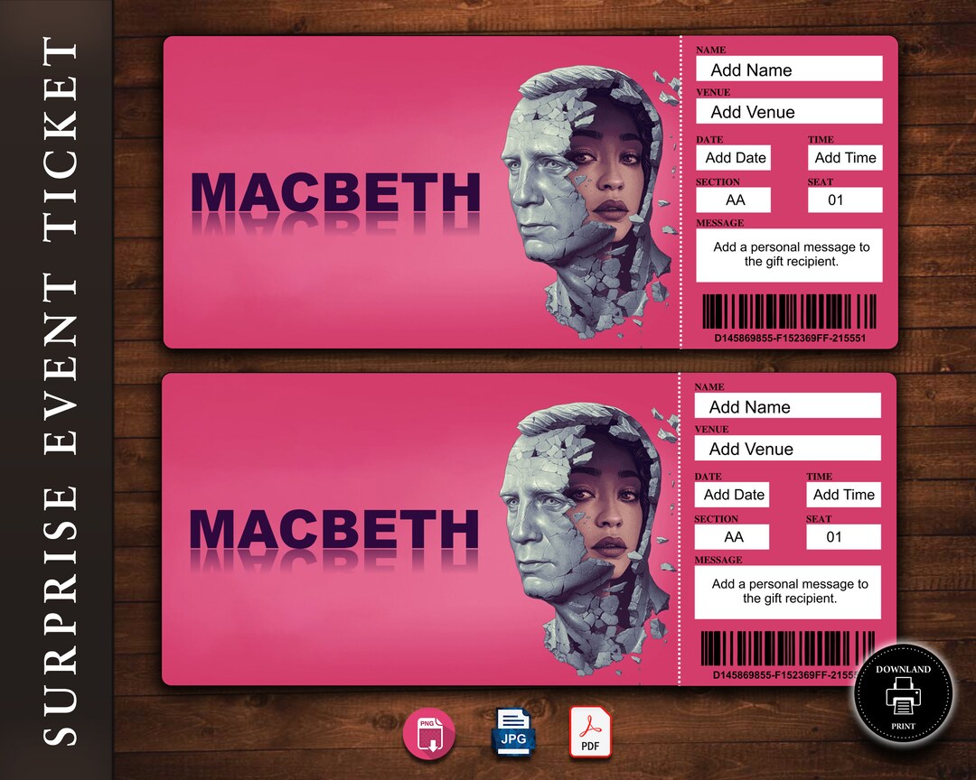 MACBETH Broadway Surprise Ticket. Editable Musical Theatre Faux Event Admission Souvenir ...