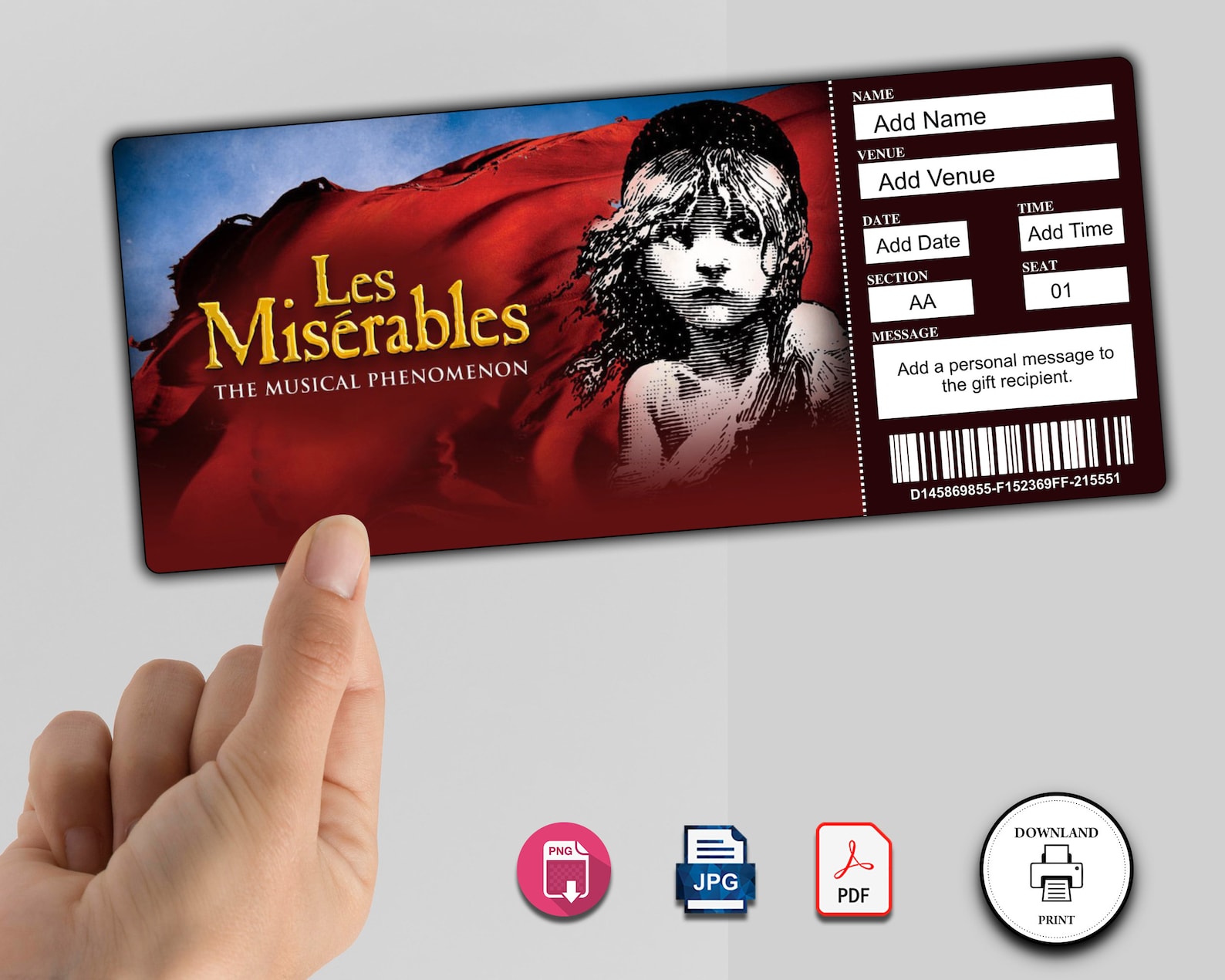 LES MISERABLES Broadway Surprise Ticket. Editable Musical Theatre Faux ...