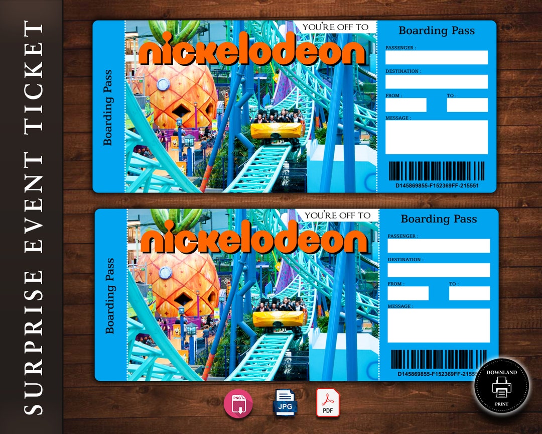 Nickelodeon Surprise Trip Ticket, Nickelodeon Theme Park Gift Ticket ...