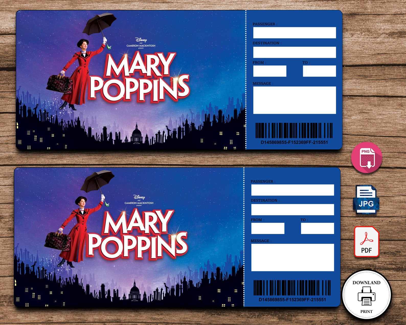 MARY POPPINS Broadway Surprise Ticket. Editable Musical Theatre Faux ...