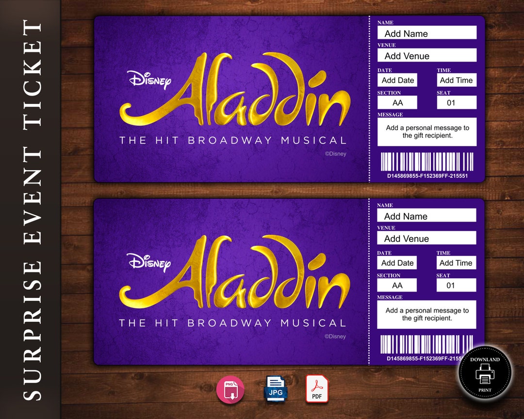 ALADDIN Broadway Surprise Ticket. Editable Musical Theatre Faux Event ...