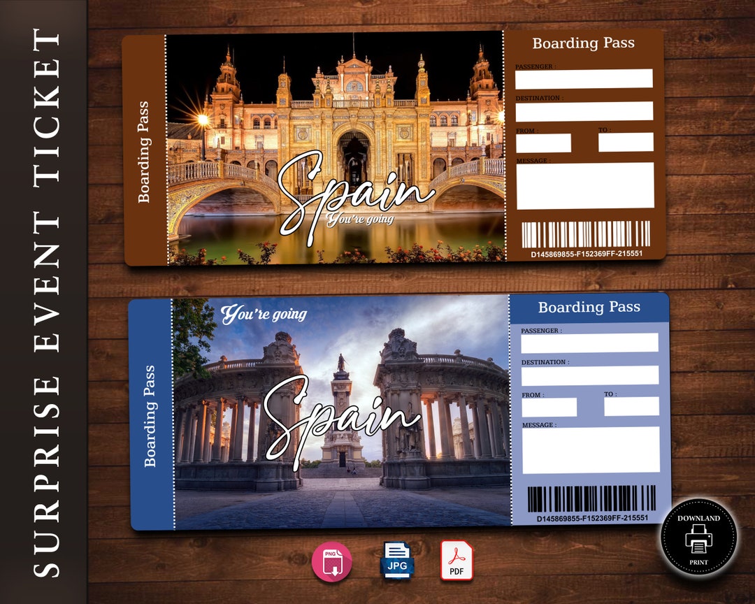 SPAIN Surprise Trip Gift Ticket. Boarding Pass. Trip Ticket. Vacation ...