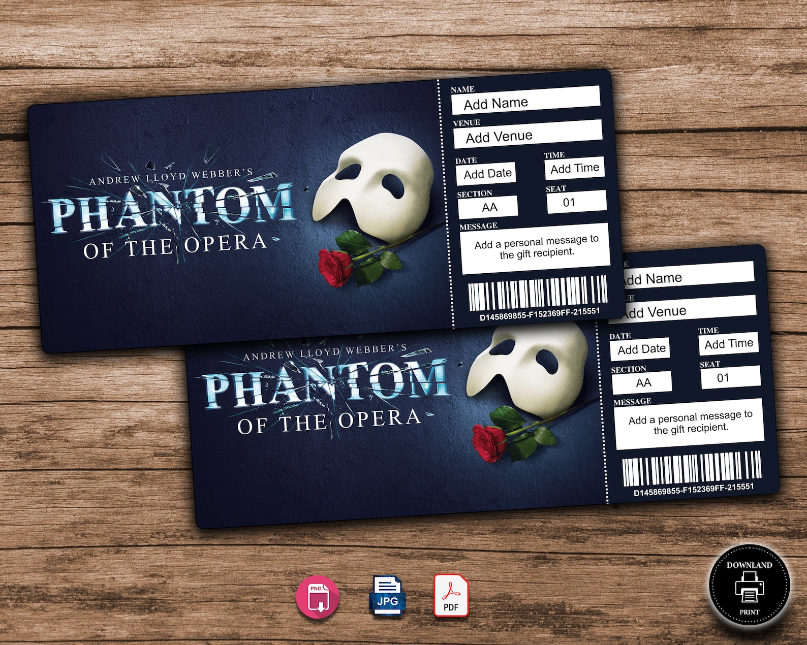 PHANTOM of the OPERA Broadway Surprise Ticket. Editable Musical Theatre ...