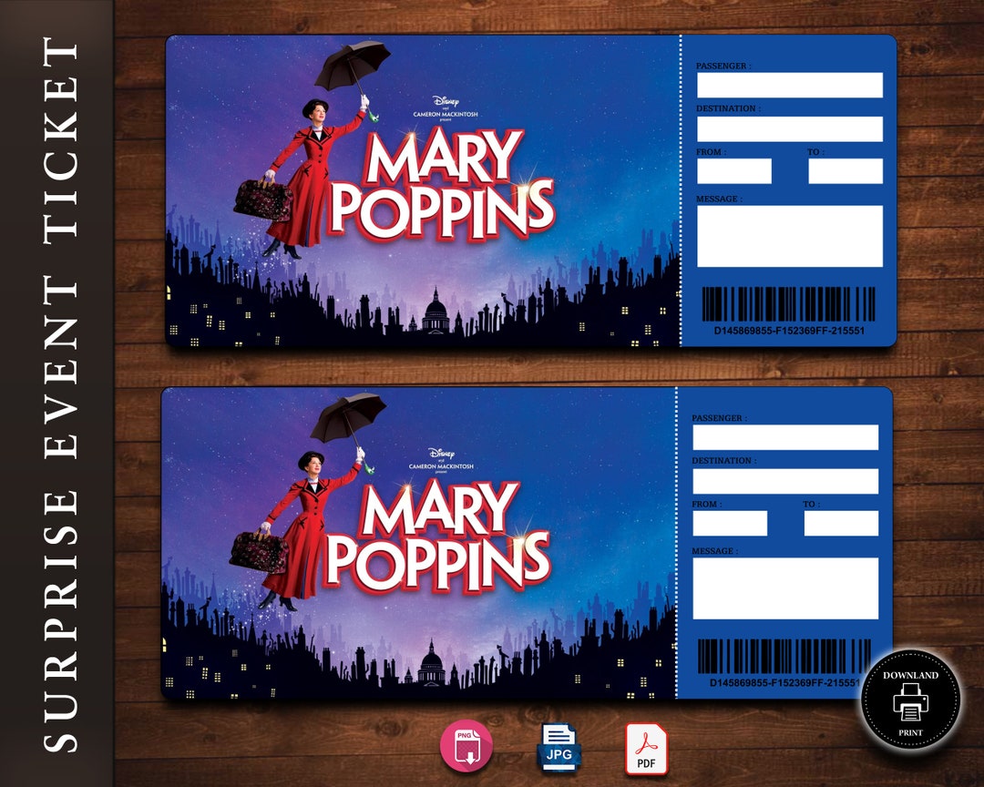 MARY POPPINS Broadway Surprise Ticket. Editable Musical Theatre Faux Event Admission Souvenir ...