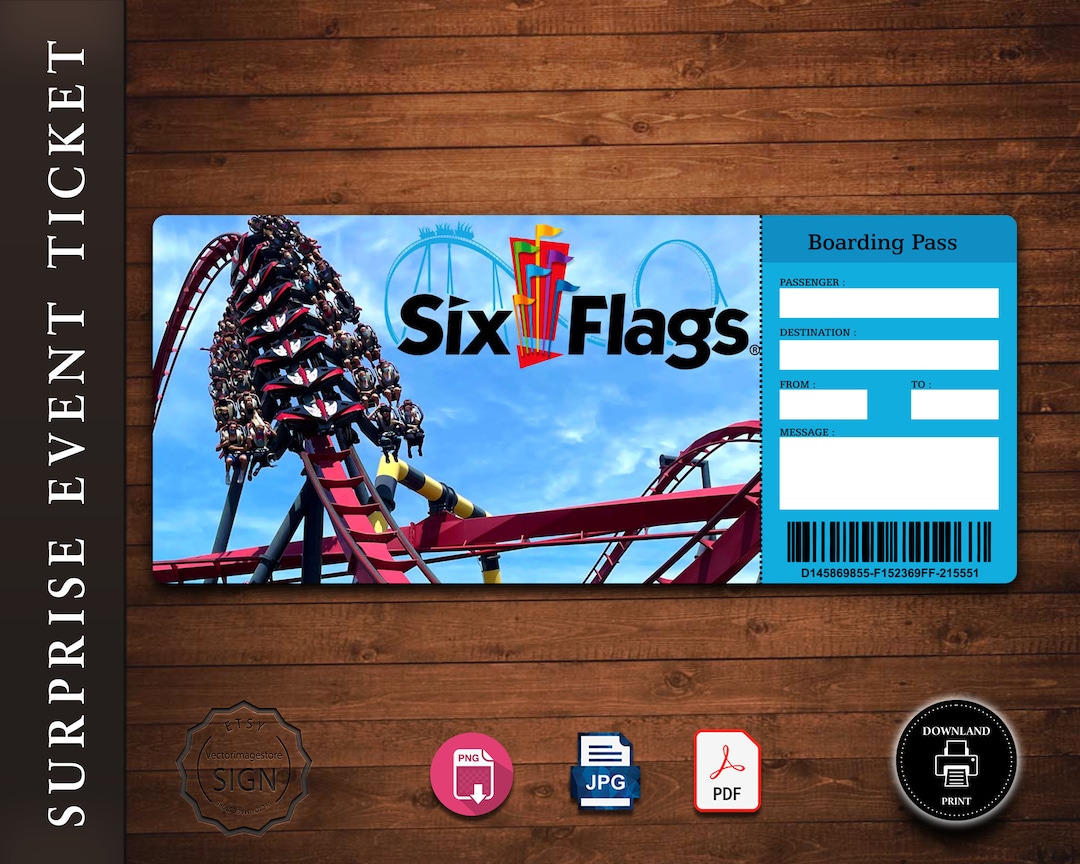 SIX FLAGS Surprise Gift Ticket. Boarding Pass. Trip Ticket. Admission Ticket. Instant Download ...