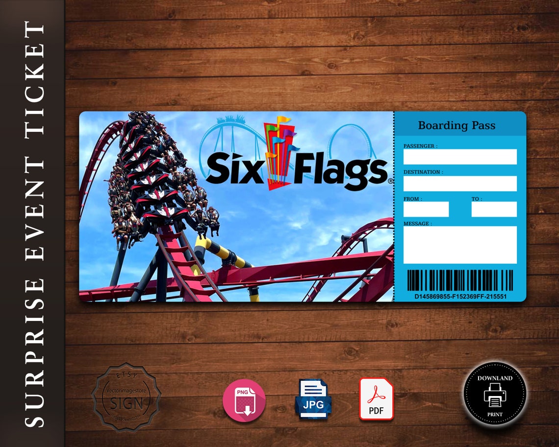 SIX FLAGS Surprise Gift Ticket. Boarding Pass. Trip Ticket. Admission ...