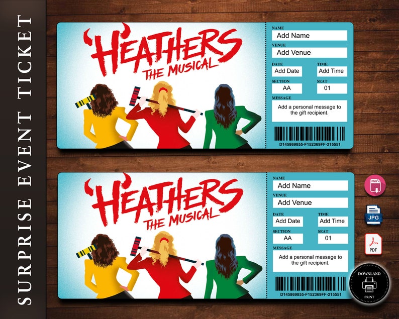 THE HEATHERS Broadway Surprise Ticket. Editable Musical - Etsy