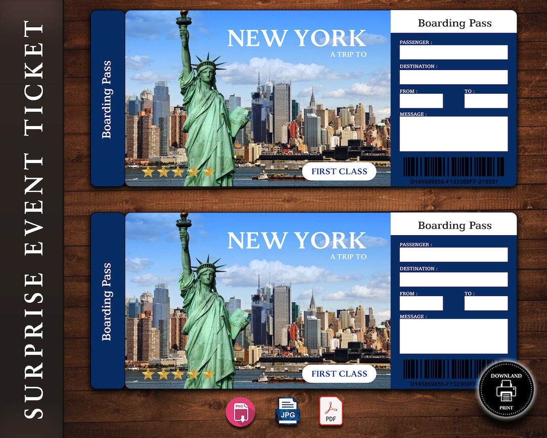 NEW YORK Surprise Trip Gift Ticket. Boarding Pass. Printable Ticket ...