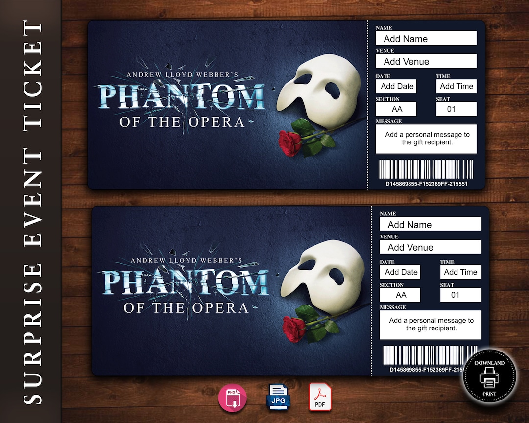 PHANTOM of the OPERA Broadway Surprise Ticket. Editable Musical Theatre Faux Event Admission ...