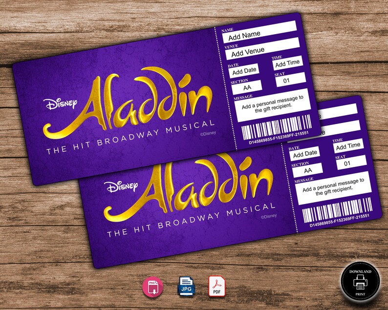 ALADDIN Broadway Surprise Ticket. Editable Musical Theatre - Etsy
