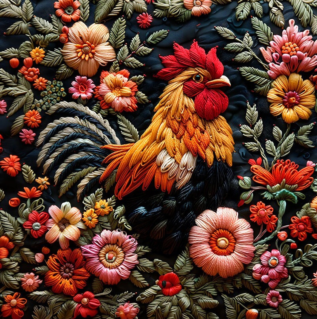 Rooster Embroidery Imitation - Velvet Panel - Different Sizes - Fabric ...