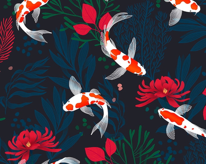 Koi Fish Fabric, Light Blue Koi Fish Fabric, 100% Cotton, Fabric by the ...