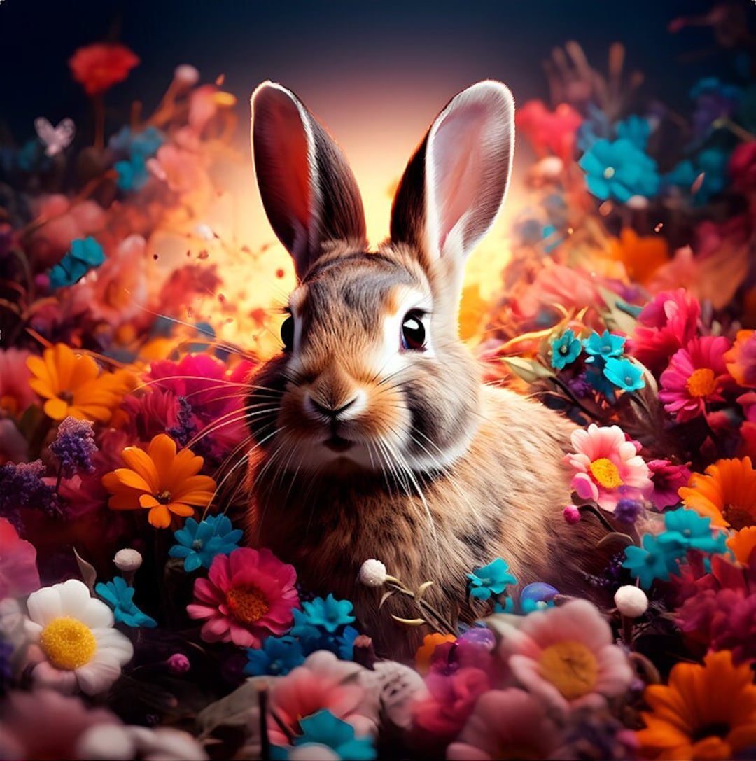 Bunny in Flowers 8 - Velvet Panel - 47x47cm / 18.5"x18.5" Fabric for a ...