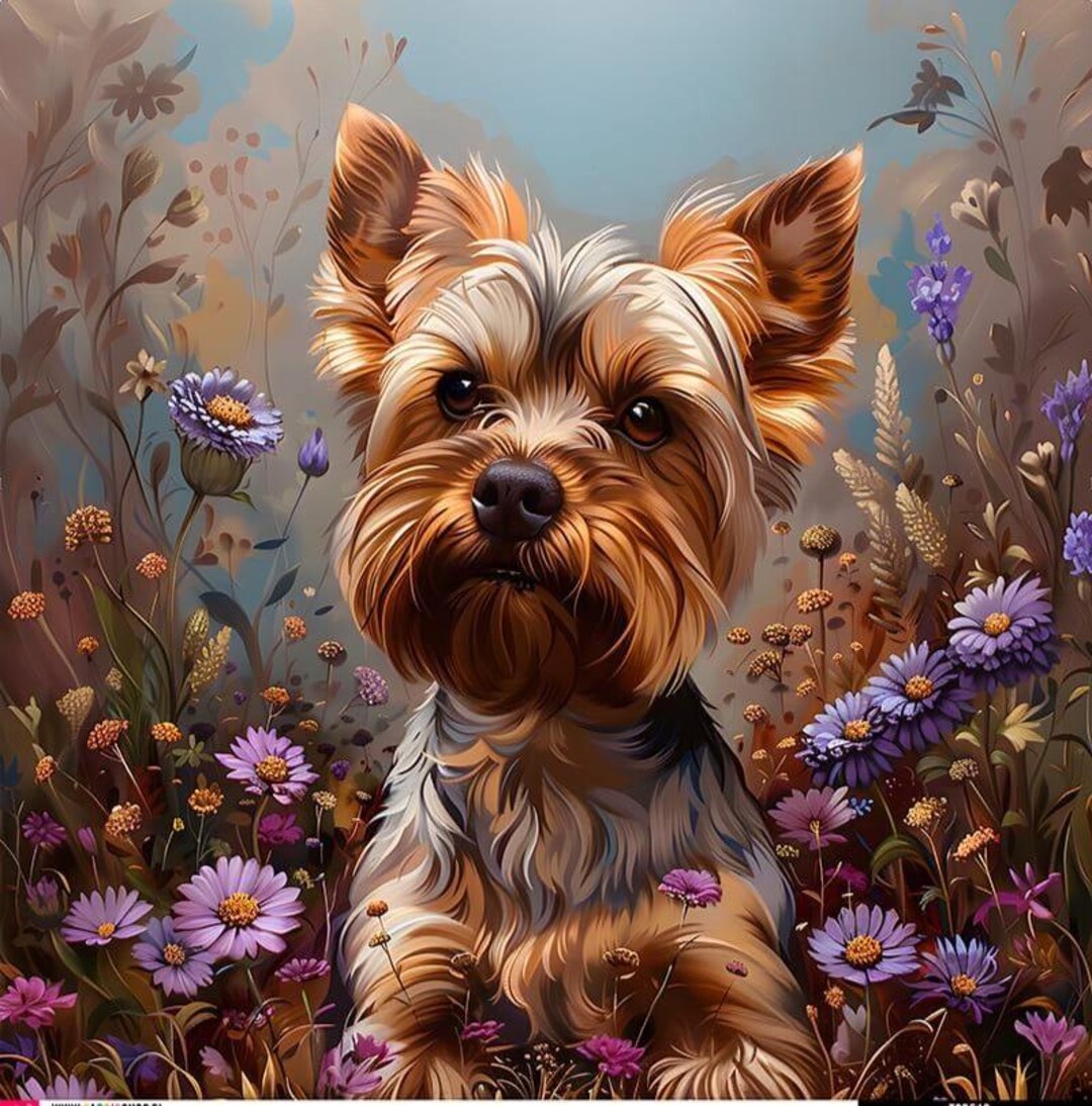 Yorkshire Terrier With Purple Flowers - Upholstery Velvet Panel ...