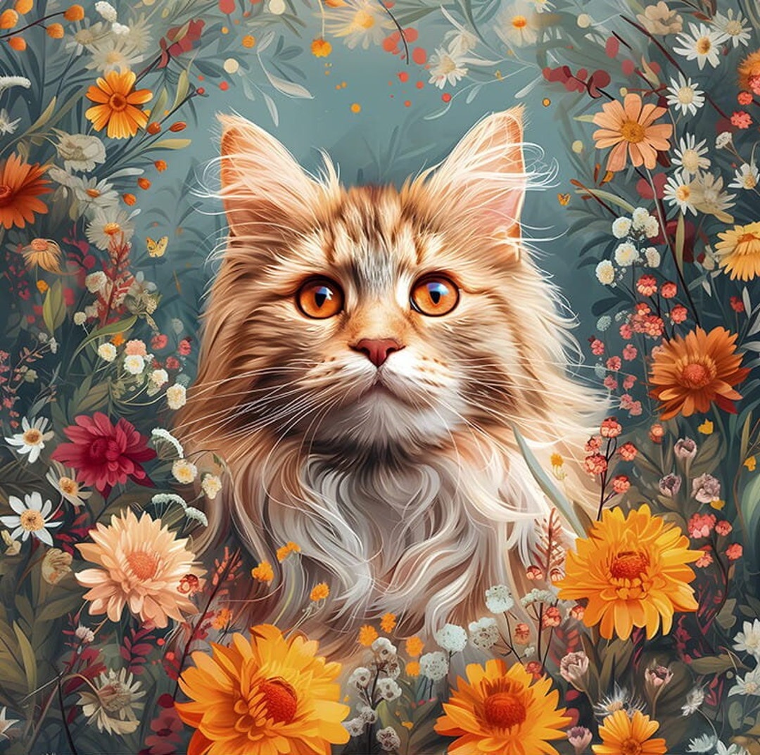 Ginger Cat in Flowers - Waterproof Fabric Panel for a Bag - Different ...