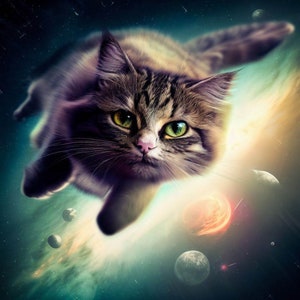 4 Cosmic Cats: Unique Art - Cat Flying Through Space, Funny, Sci Fi ...