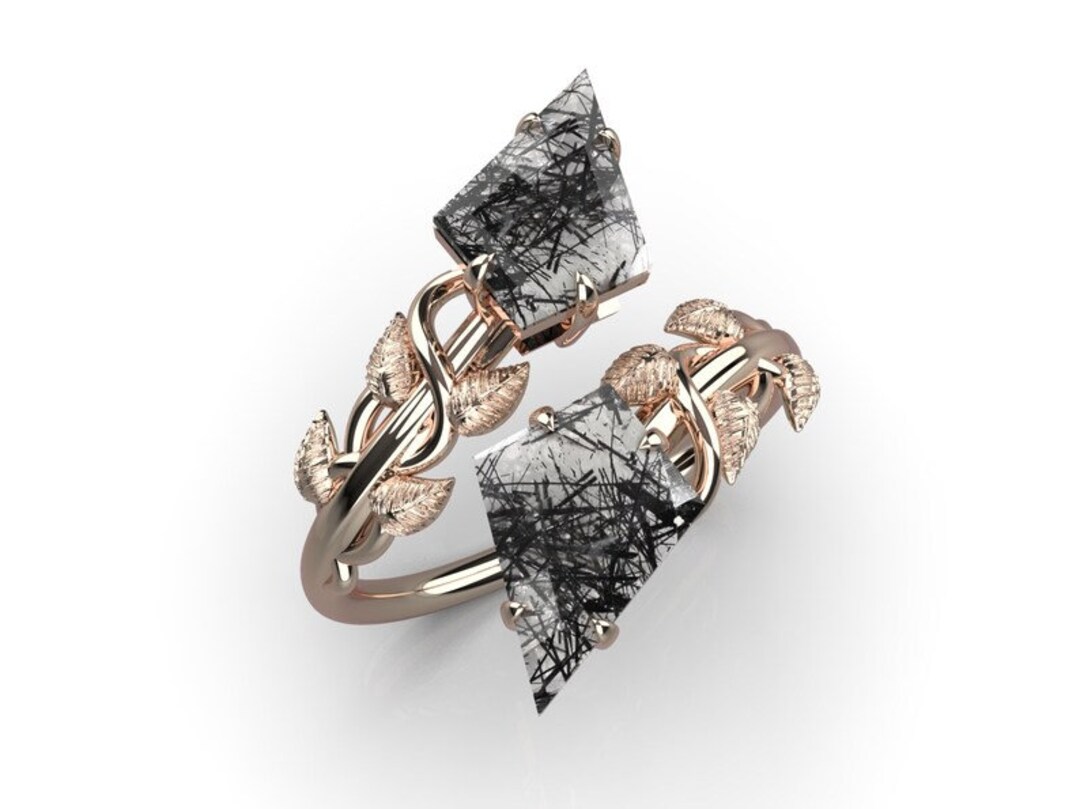Rose Gold Twig Ring With Black Rutilated Quartz Kite Dainty Delicate ...