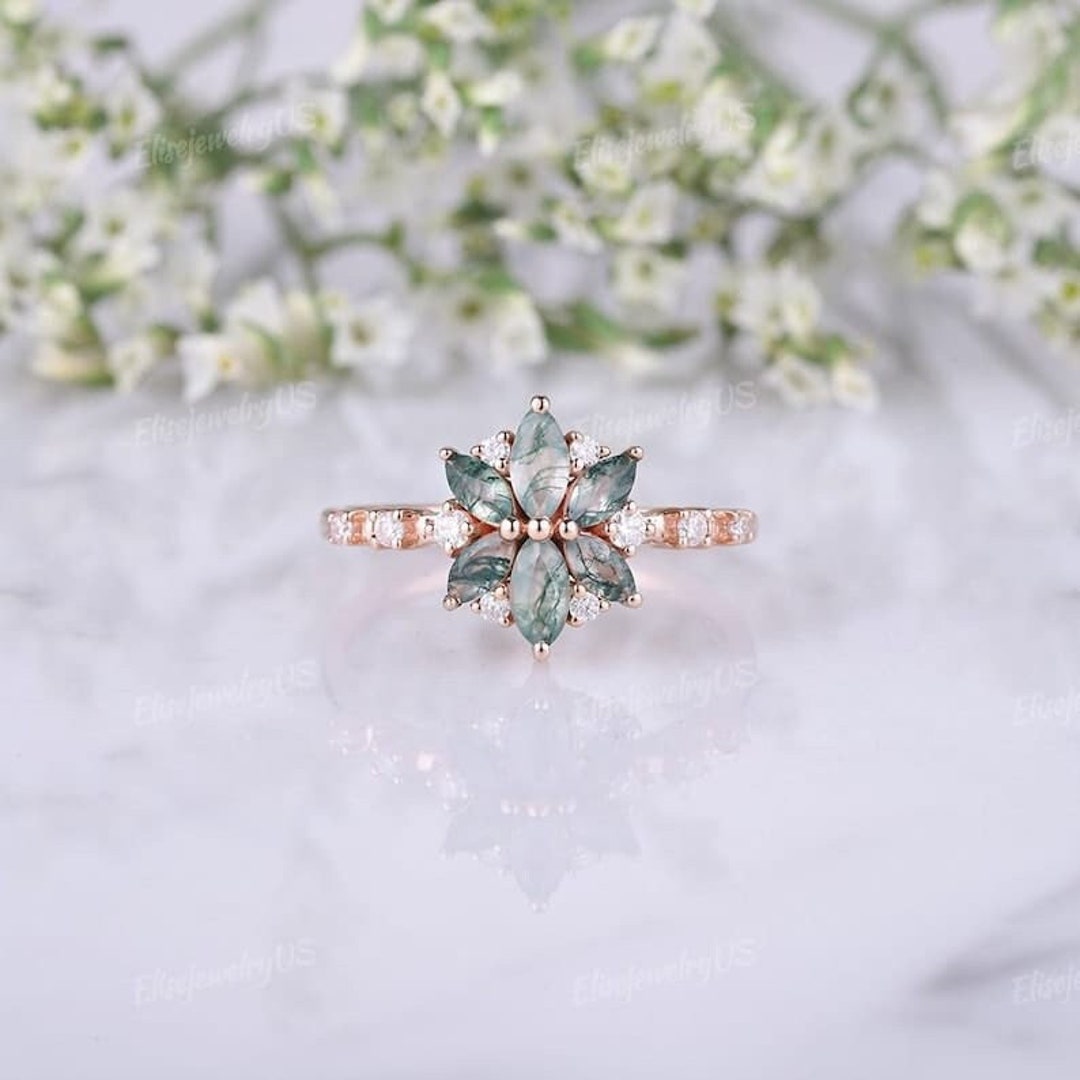 Inspired Moss Agat Cluster Ring Cluster Moss Ring Marquise - Etsy