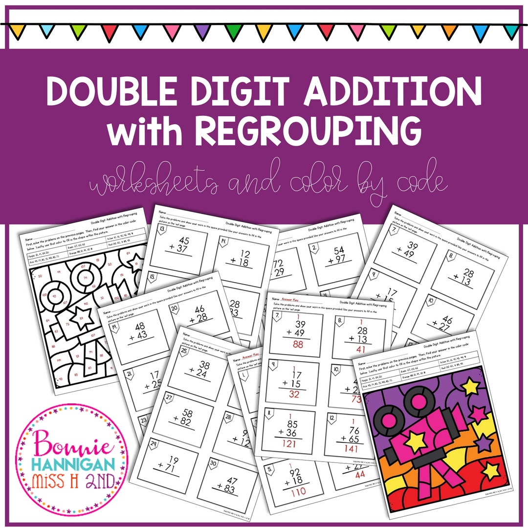 Double Digit Addition | Regrouping Practice Worksheets | Color-by-code ...