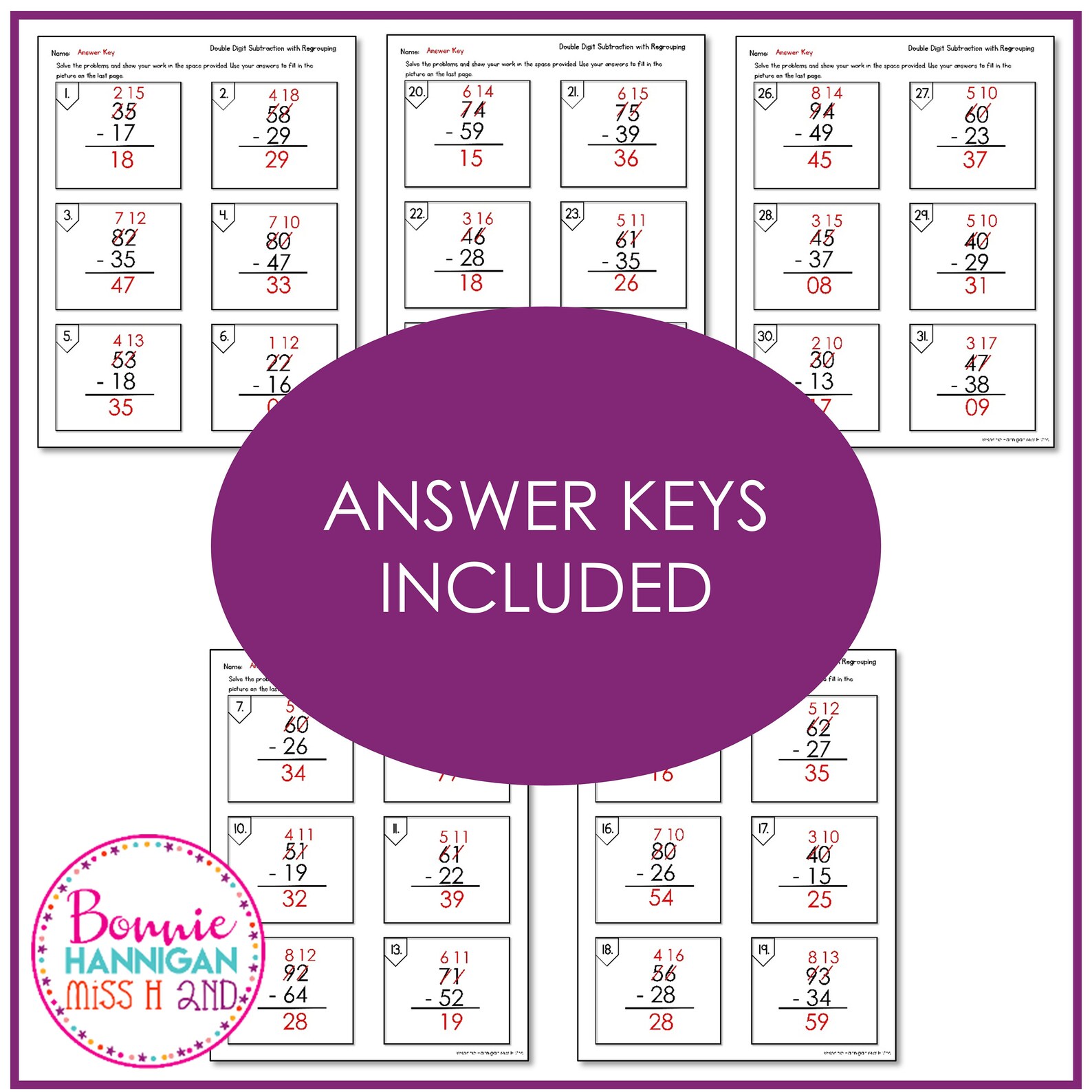 Double Digit Subtraction Regrouping Worksheets | Color by Code Activity ...