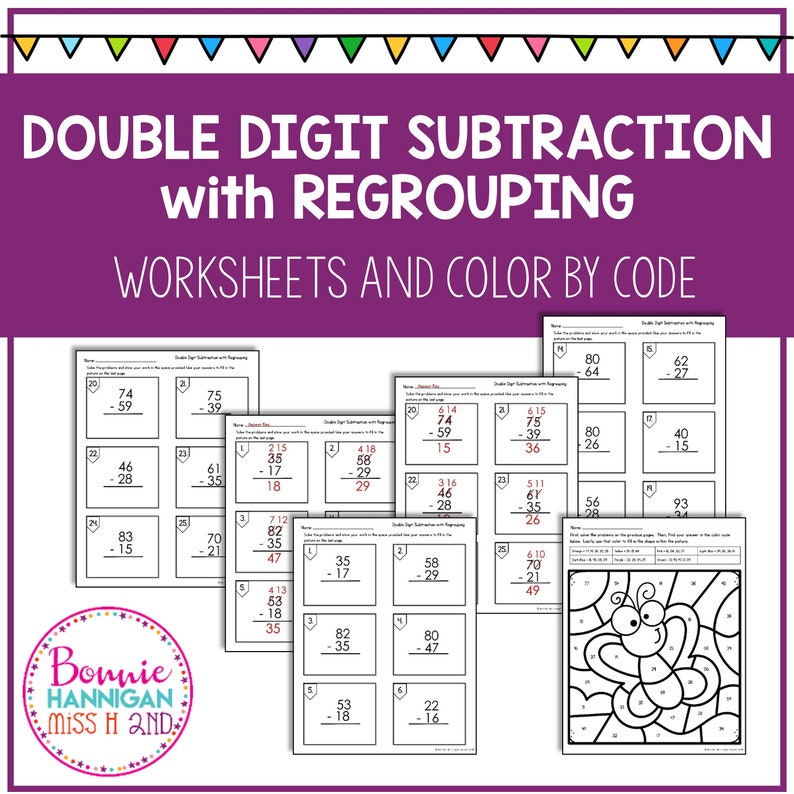 Double Digit Subtraction Regrouping Worksheets | Color by Code Activity ...