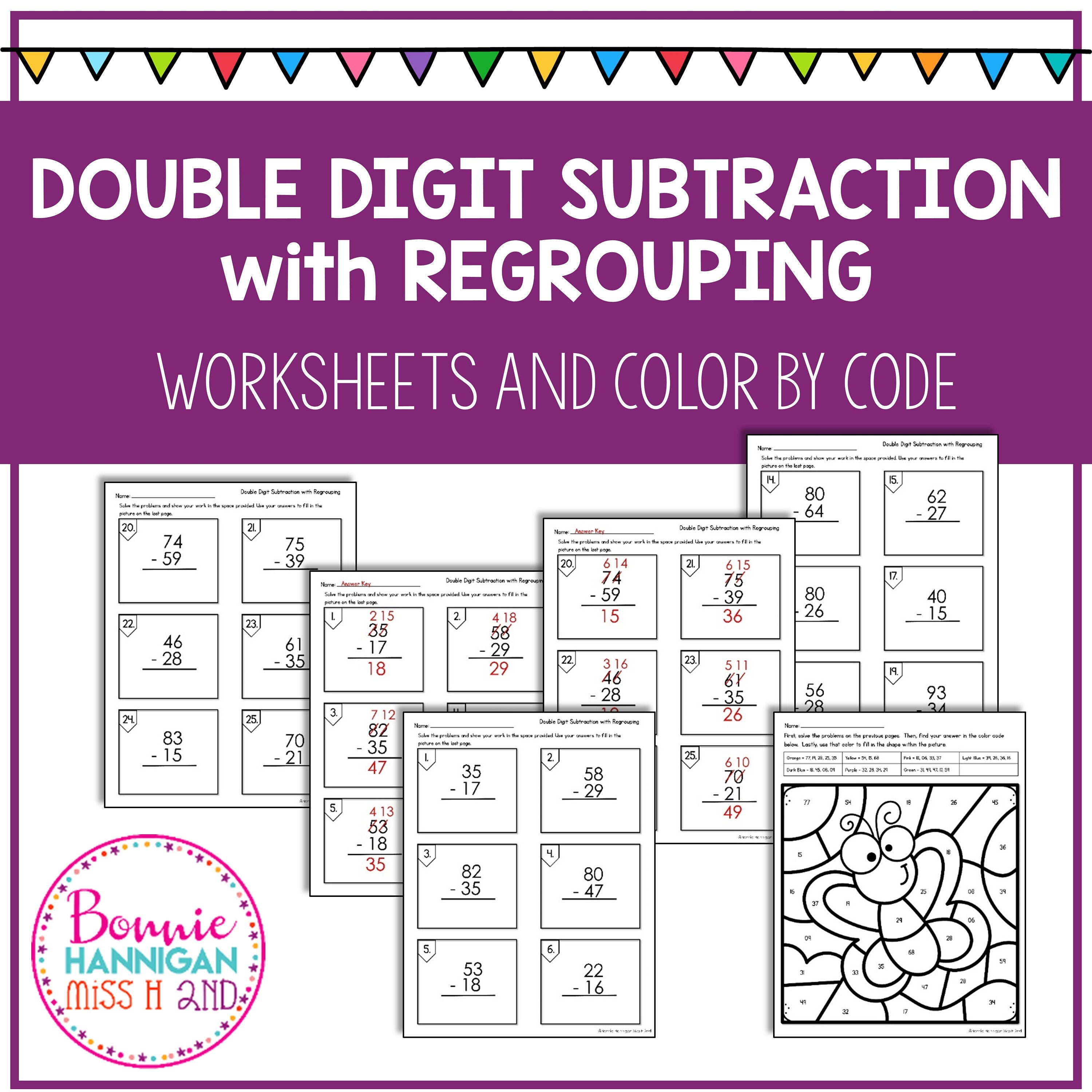 Double Digit Subtraction Regrouping Worksheets | Color by Code Activity ...