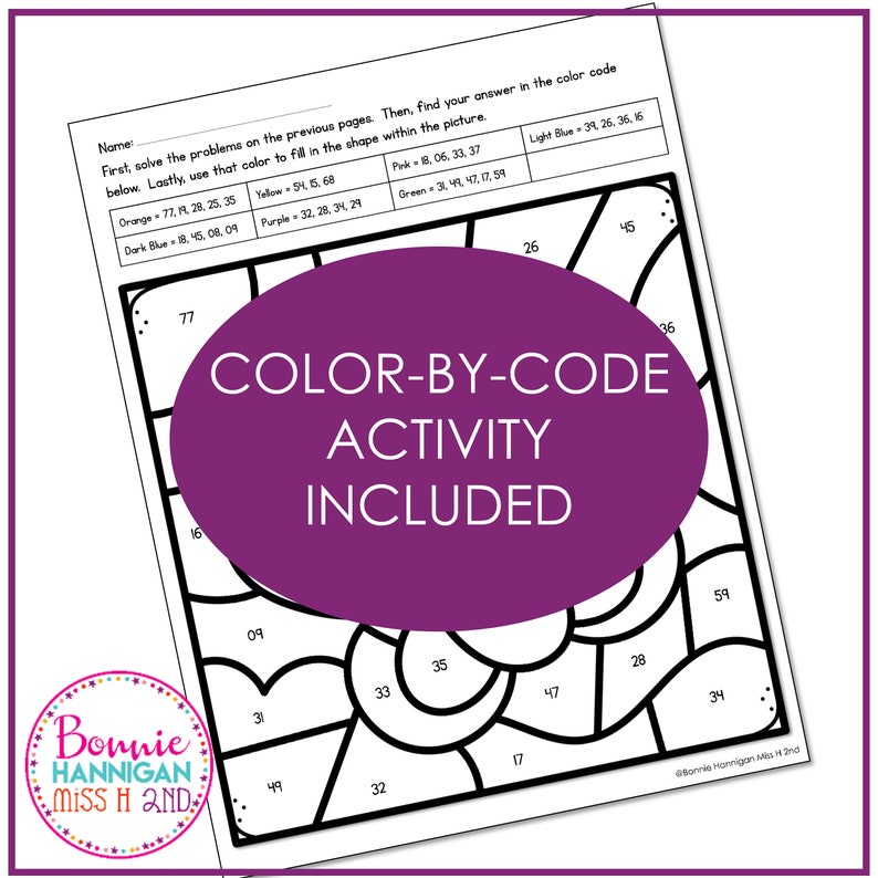 Double Digit Subtraction Regrouping Worksheets | Color by Code Activity ...