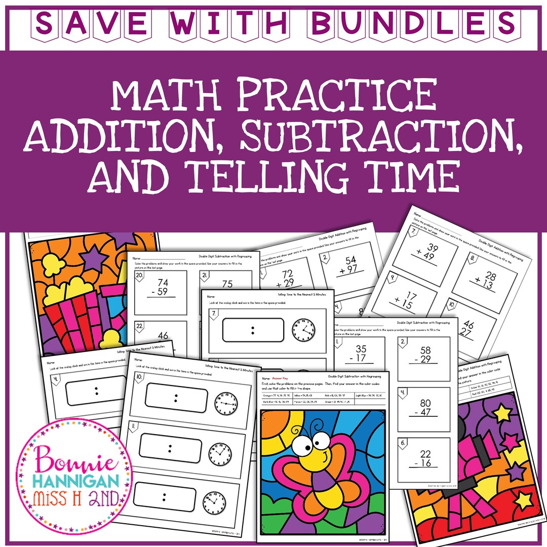 Bundle! Double Digit Addition & Subtraction | Regrouping | Telling Time ...