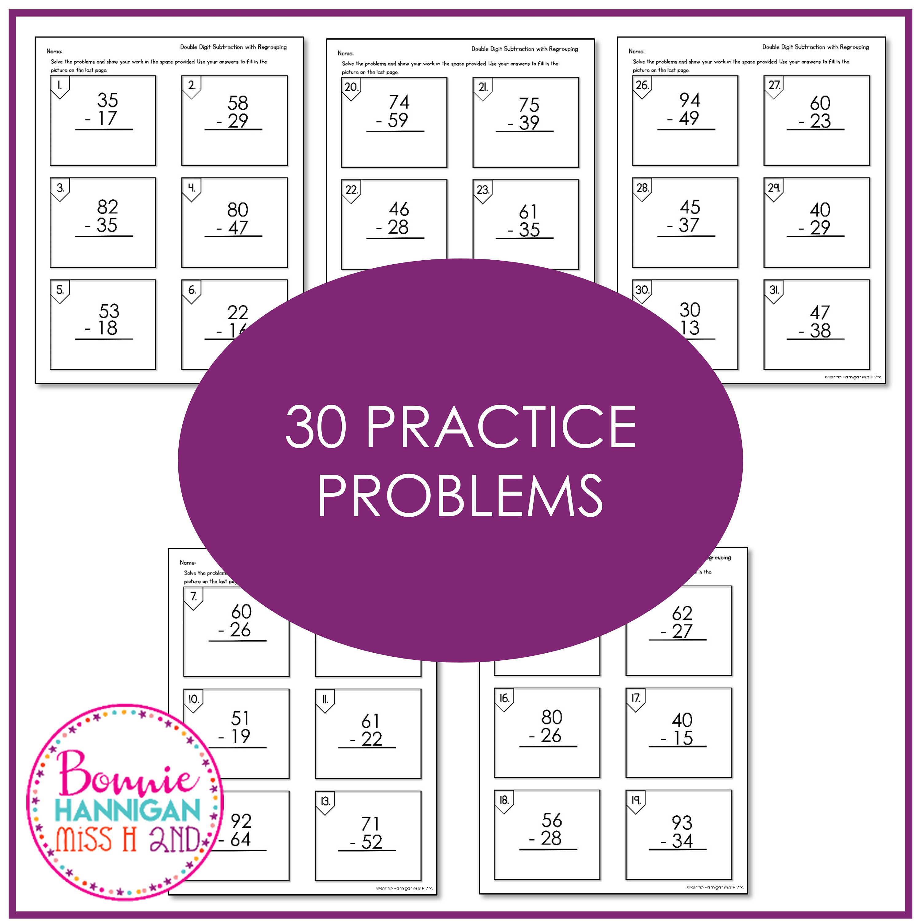 Double Digit Subtraction Regrouping Worksheets | Color by Code Activity ...