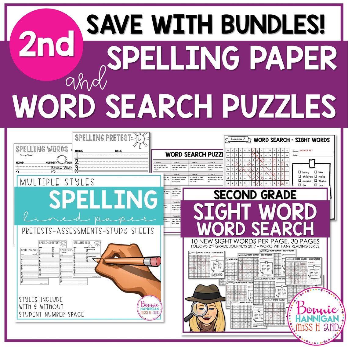 Save With Bundles! Word Search Puzzles for 2nd Grade and Spelling Paper ...