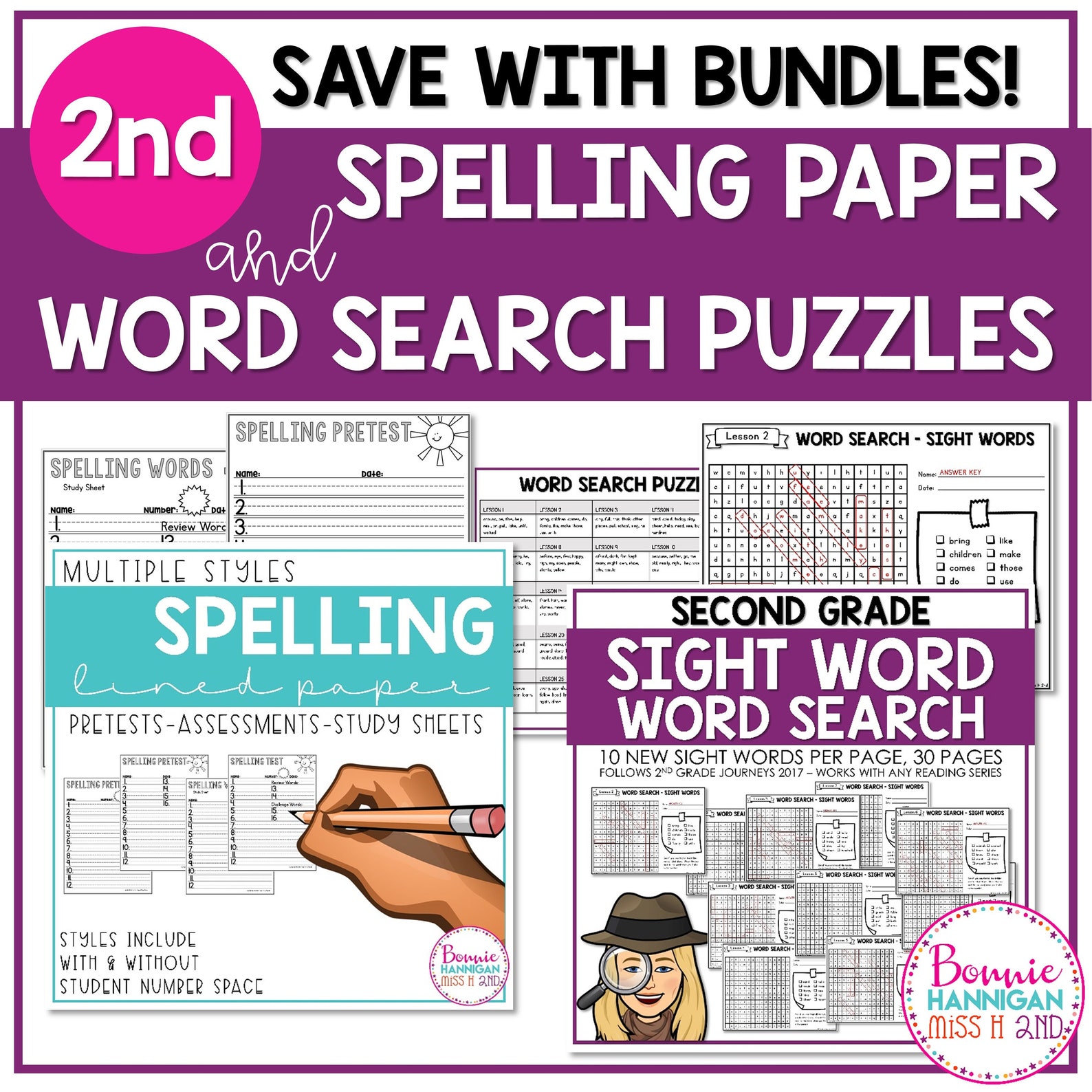 Save With Bundles! Word Search Puzzles for 2nd Grade and Spelling Paper ...
