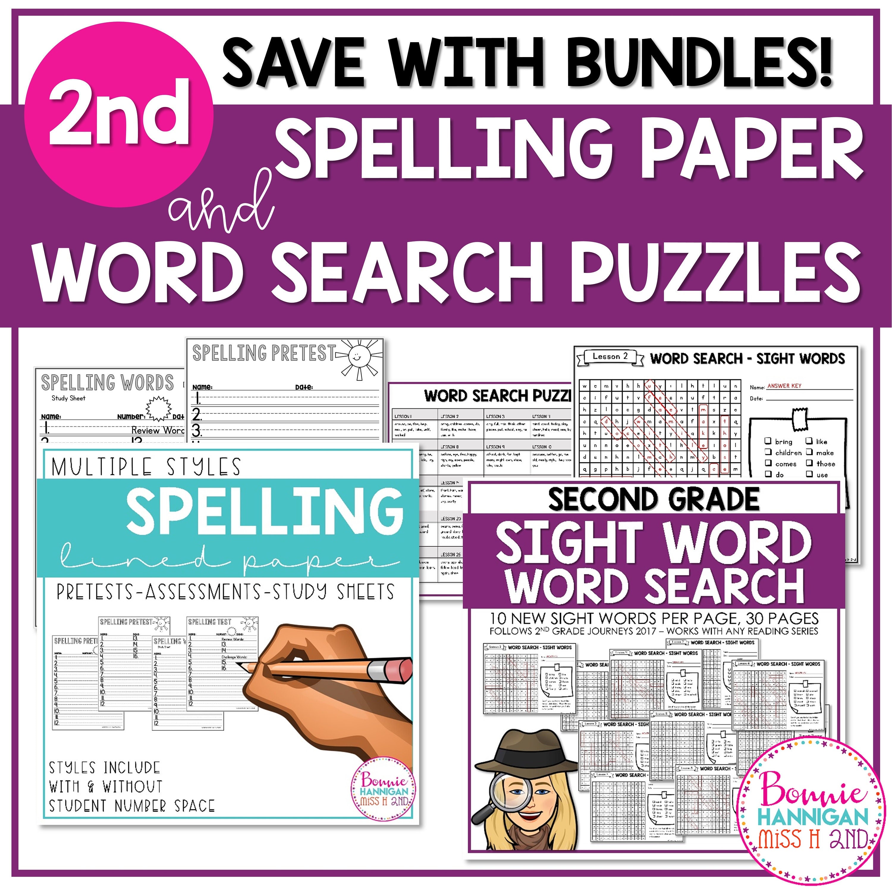 Save With Bundles! Word Search Puzzles for 2nd Grade and Spelling Paper ...