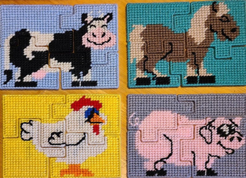 Farm Animal Puzzles for Kids – Handmade Plastic Canvas Set With Barn ...