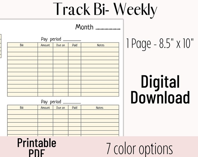 Bi-weekly Bill Pay Budget Tracker- 7 Colored Templates- Digital-8.5x11 ...