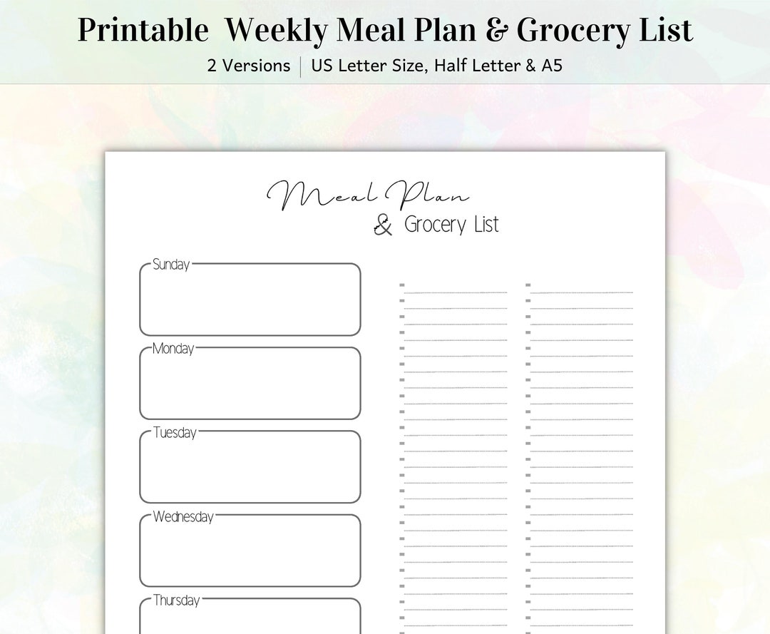 Minimalist Weekly Meal Planner & Grocery List (digital Download) - Etsy
