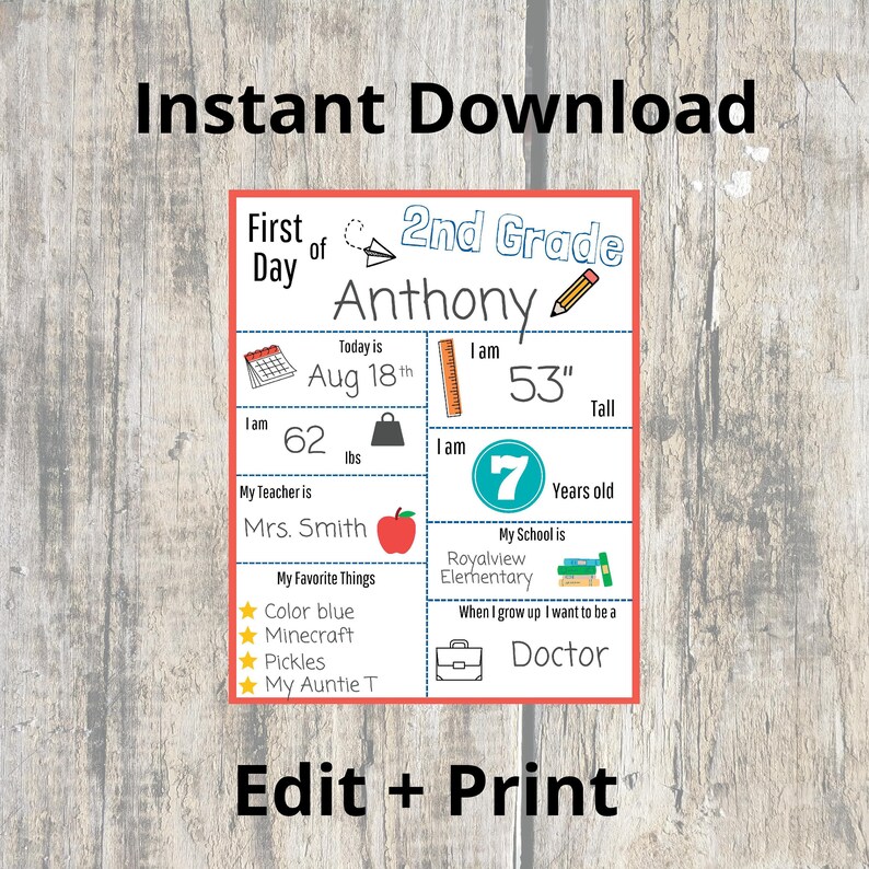 Customizable First Day of School – Photo Prop – Digital Download- 8x10 ...