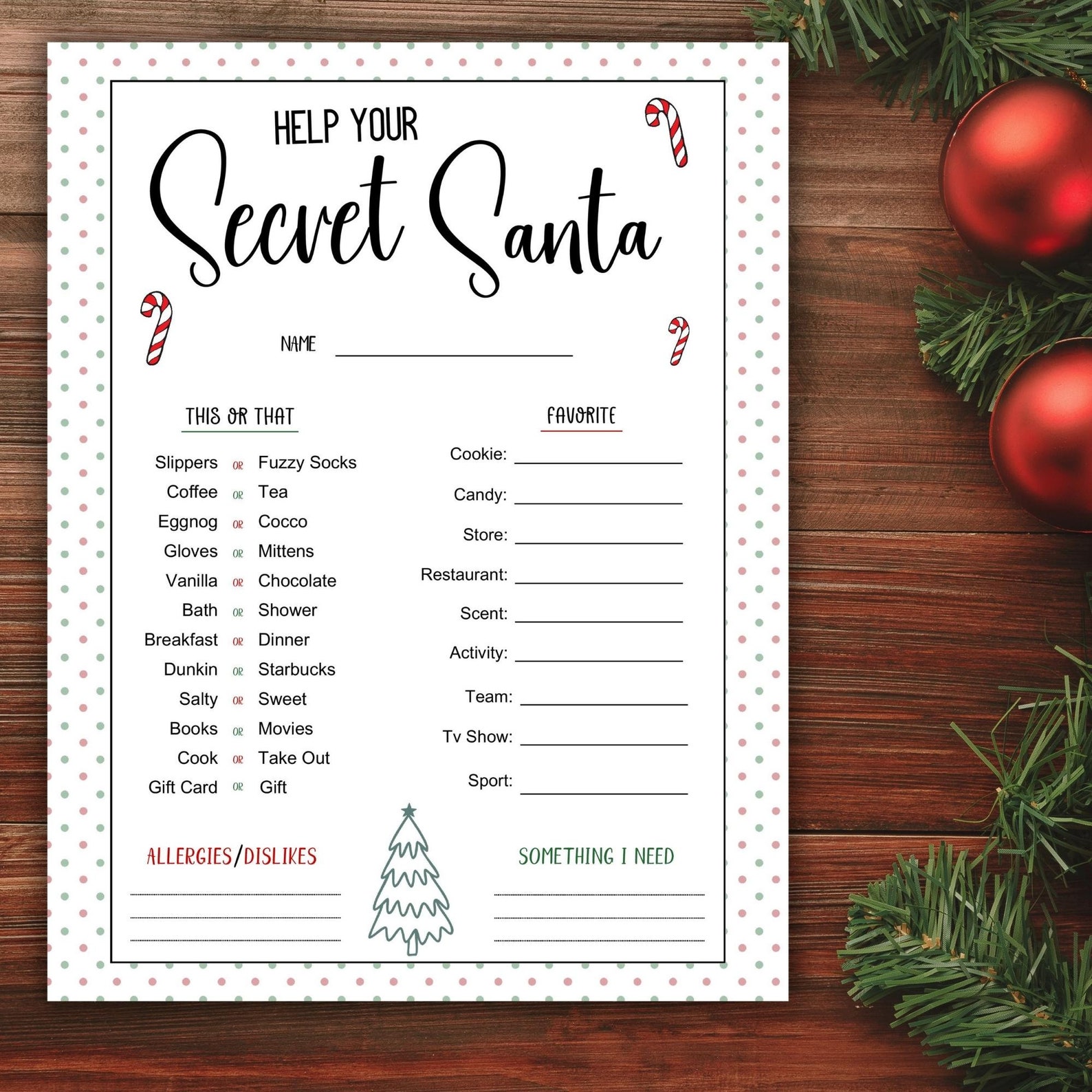 Secret Santa Gift Exchange Printable: Christmas Questionnaire (digital ...