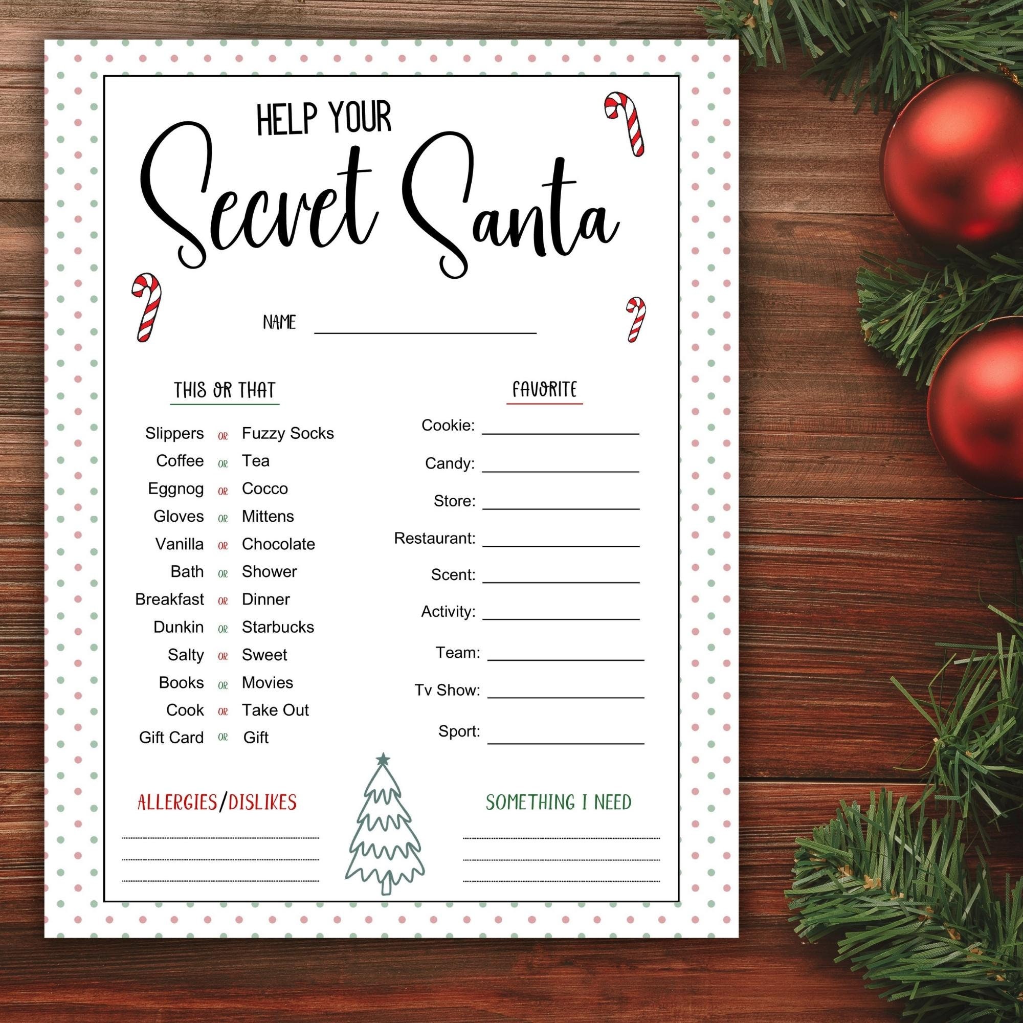 Secret Santa Gift Exchange Printable: Christmas Questionnaire (digital ...