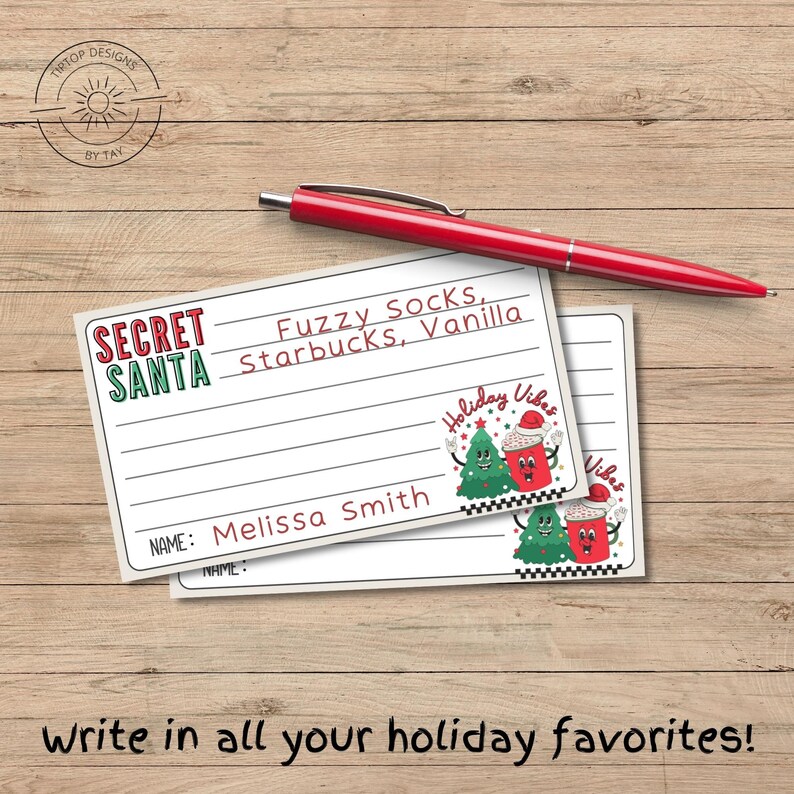 Secret Santa Gift Exchange Cards: Printable Christmas Wish List ...