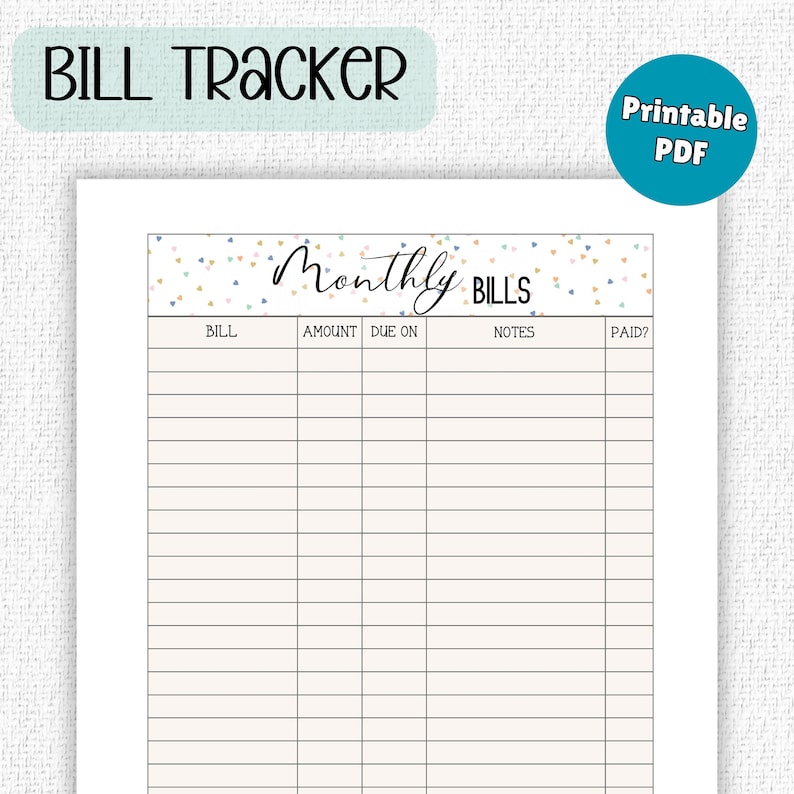 Bill Tracker Printable, Monthly Bill Pay Template, Downloadable PDF, 2 ...