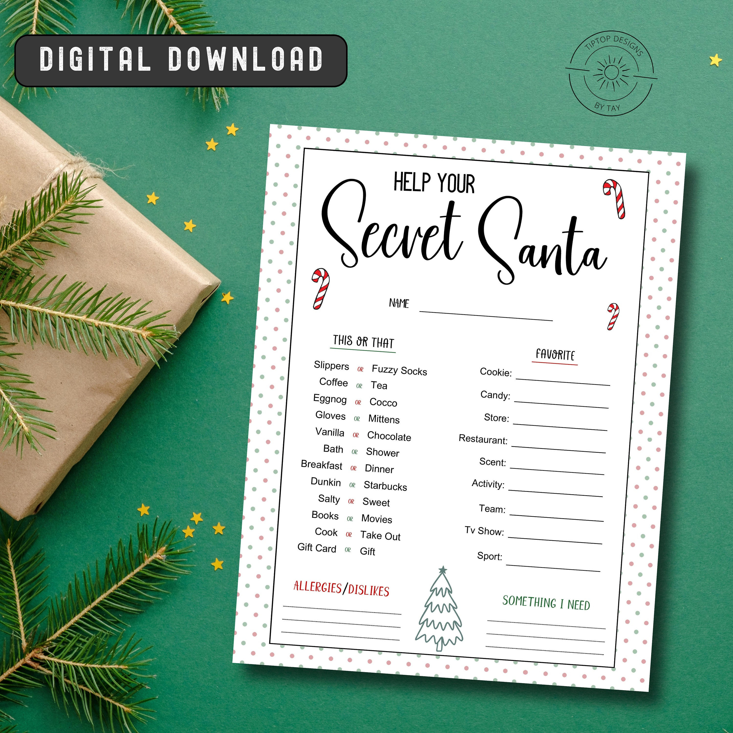 Secret Santa Gift Exchange Printable: Christmas Questionnaire (digital ...