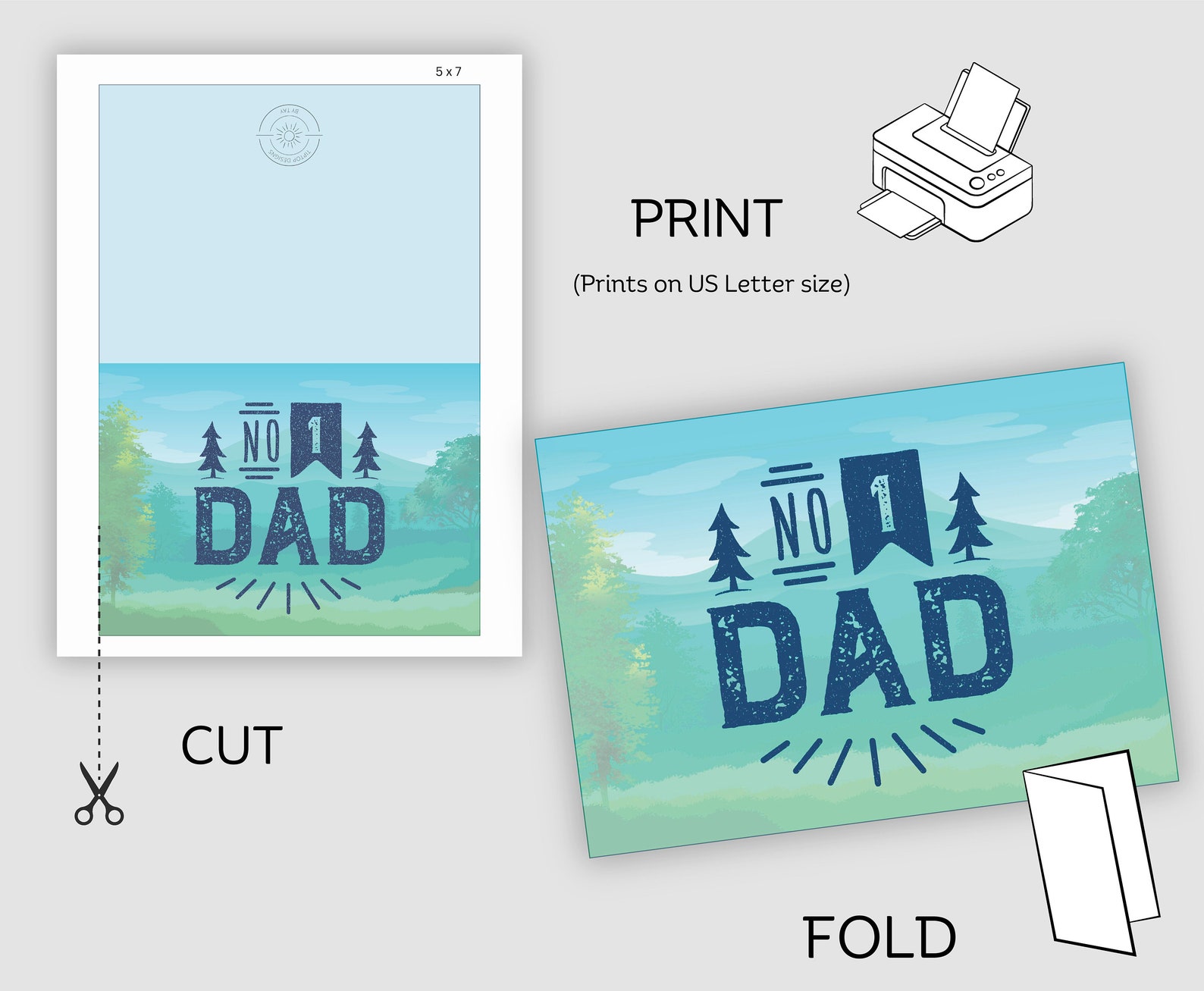 Printable Fathers Day Card, Number One Dad, Foldable Card, Nature Theme ...