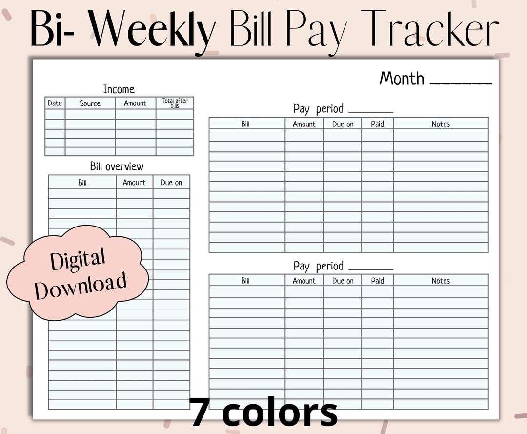 Bill Tracker, Bi-weekly Bill Pay Budget Tracker, Monthly Budget- 7 ...