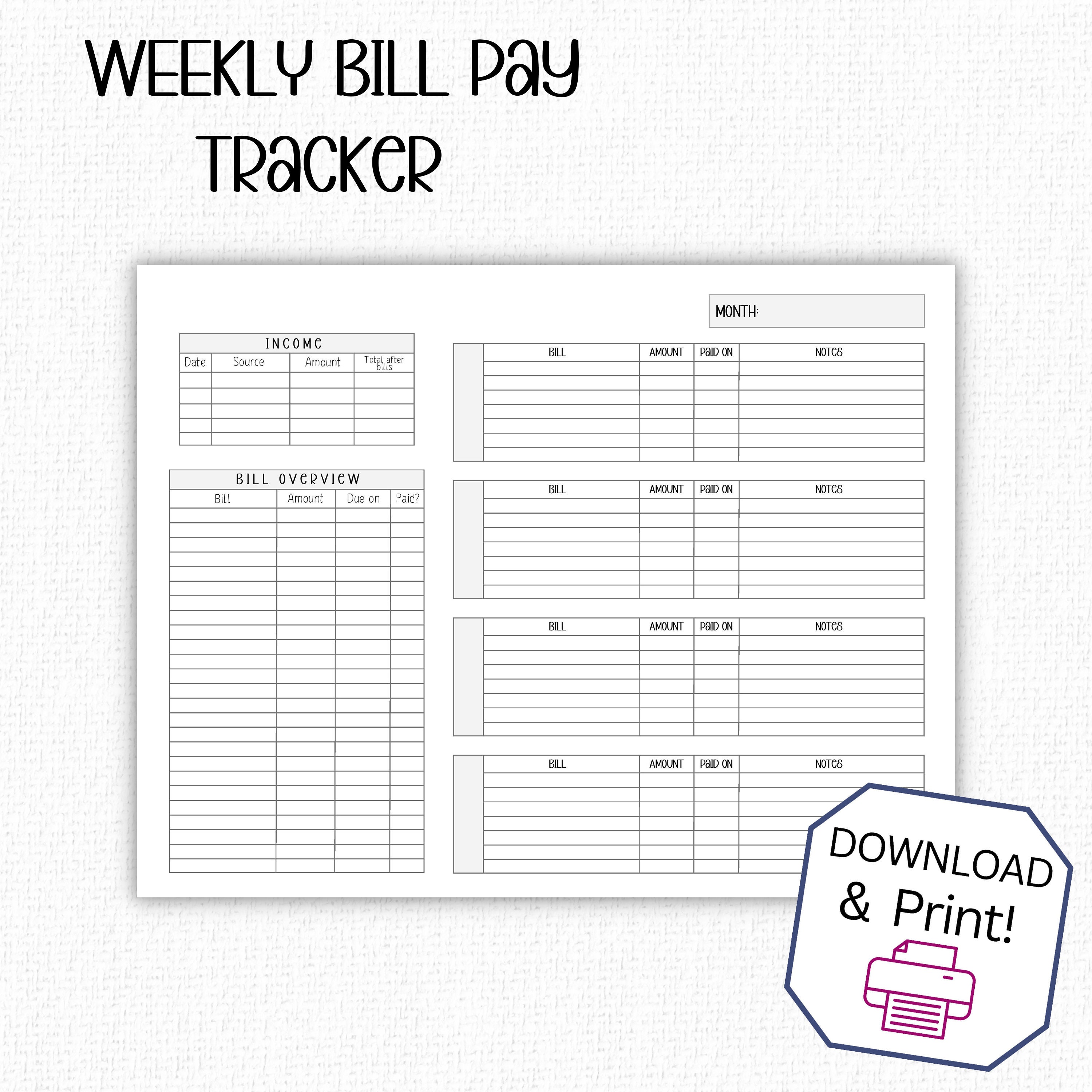 WEEKLY Budget Bill Pay, Monthly Bills, Printable PDF, Digital Download ...