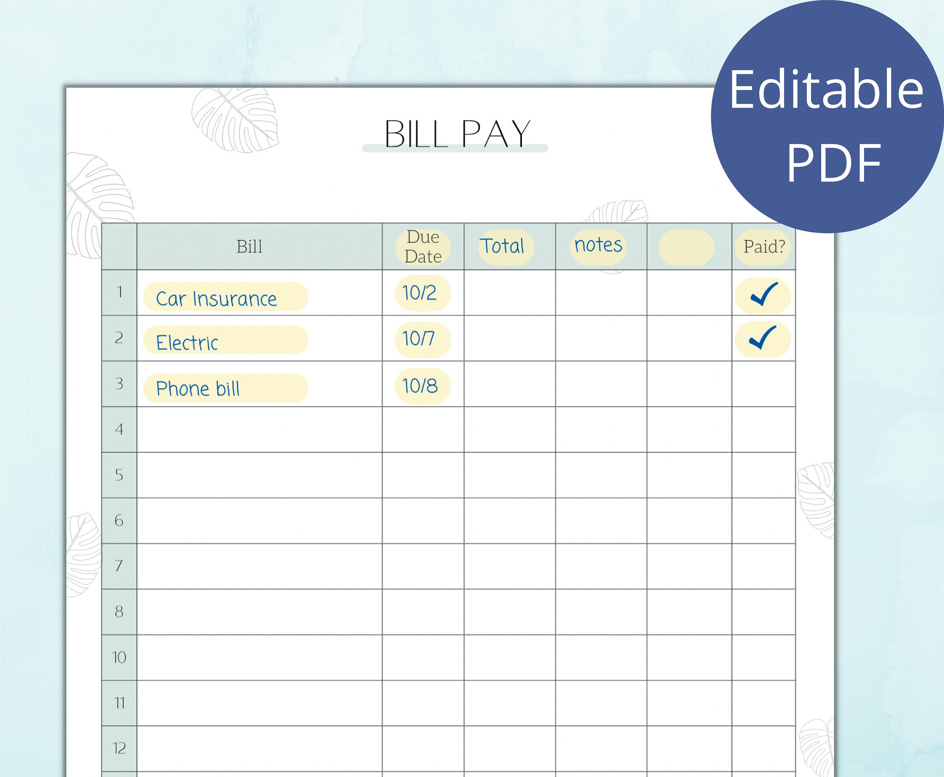 Monthly Bill Pay Template, Budget Spreadsheet, Fillable Tracker, Bill ...